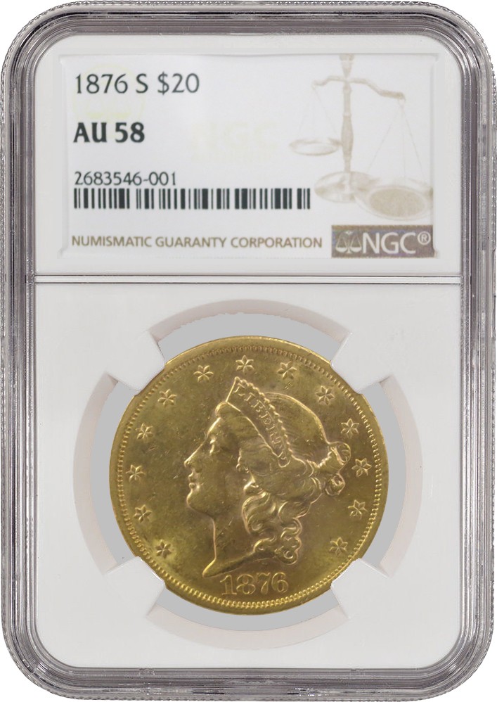 1876 S $20 Liberty Head Double Eagle Gold Variety 2 NGC AU58 | Coin Exchange NY