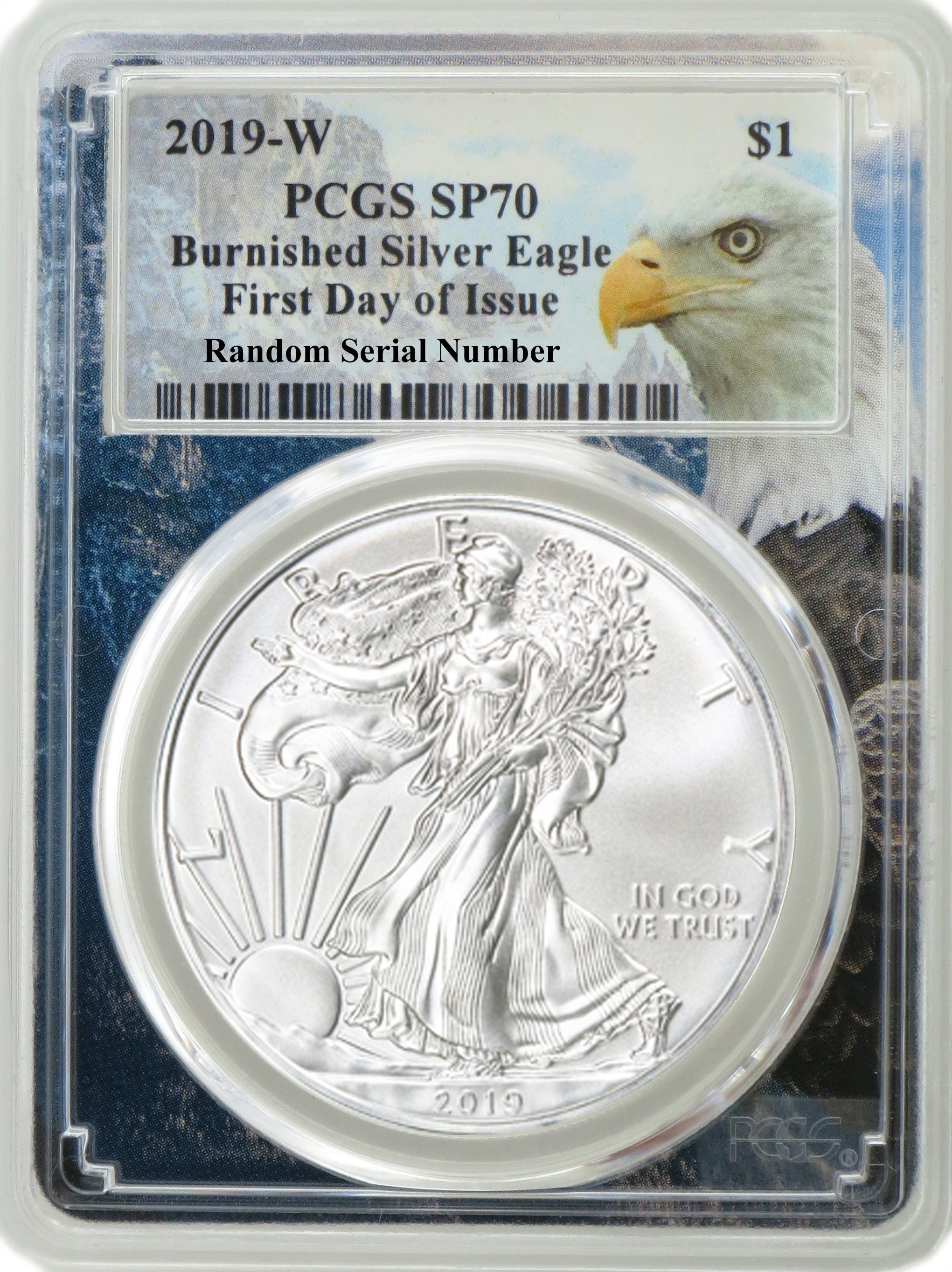 2019 W $1 1 oz Burnished Silver American Eagle PCGS SP70 FDOI Eagle Core Holder | Coin Exchange NY