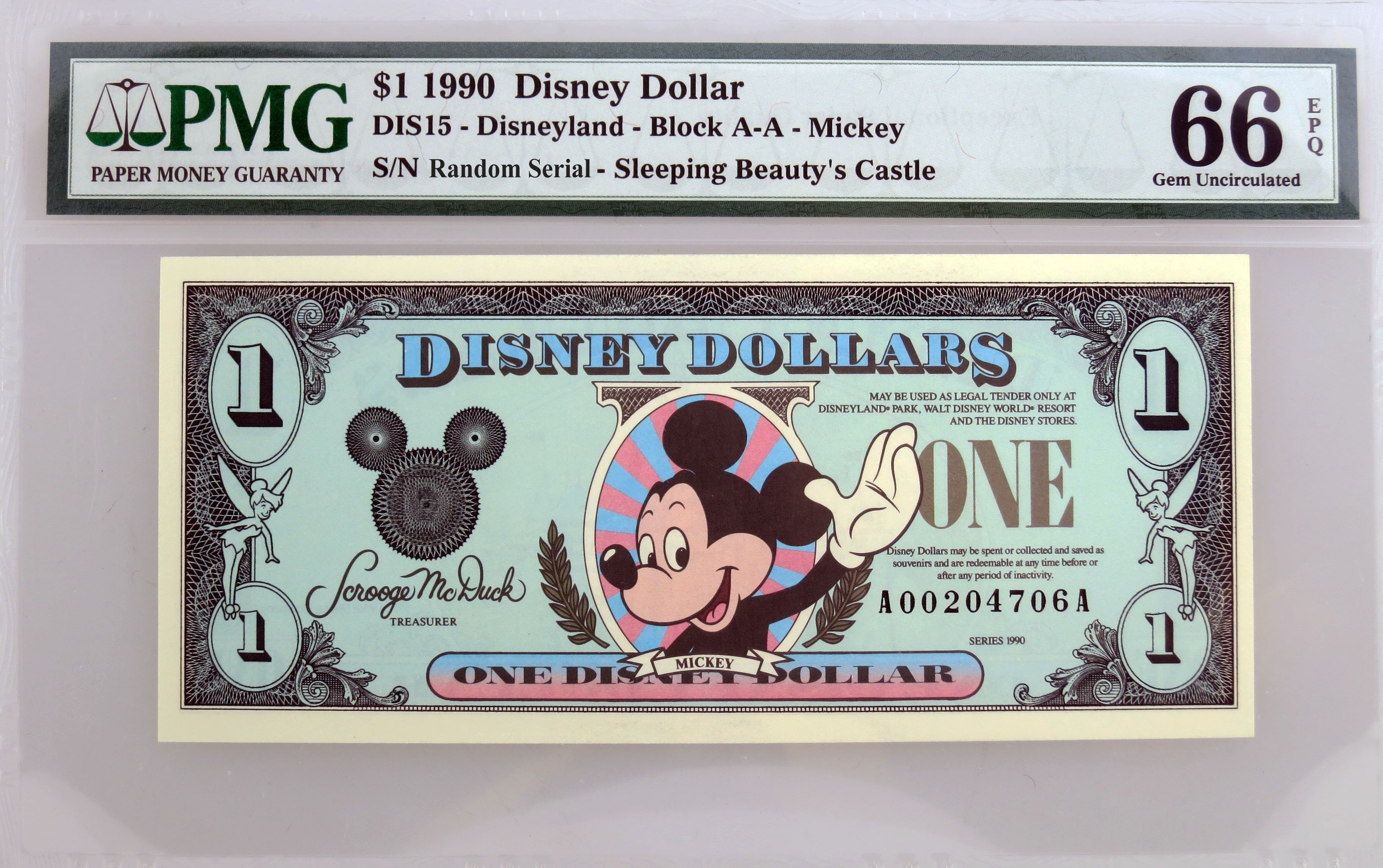 1990 $1 Disney Dollar Disneyland Mickey Mouse Fr#DIS15 PMG Gem UNC 66 ...