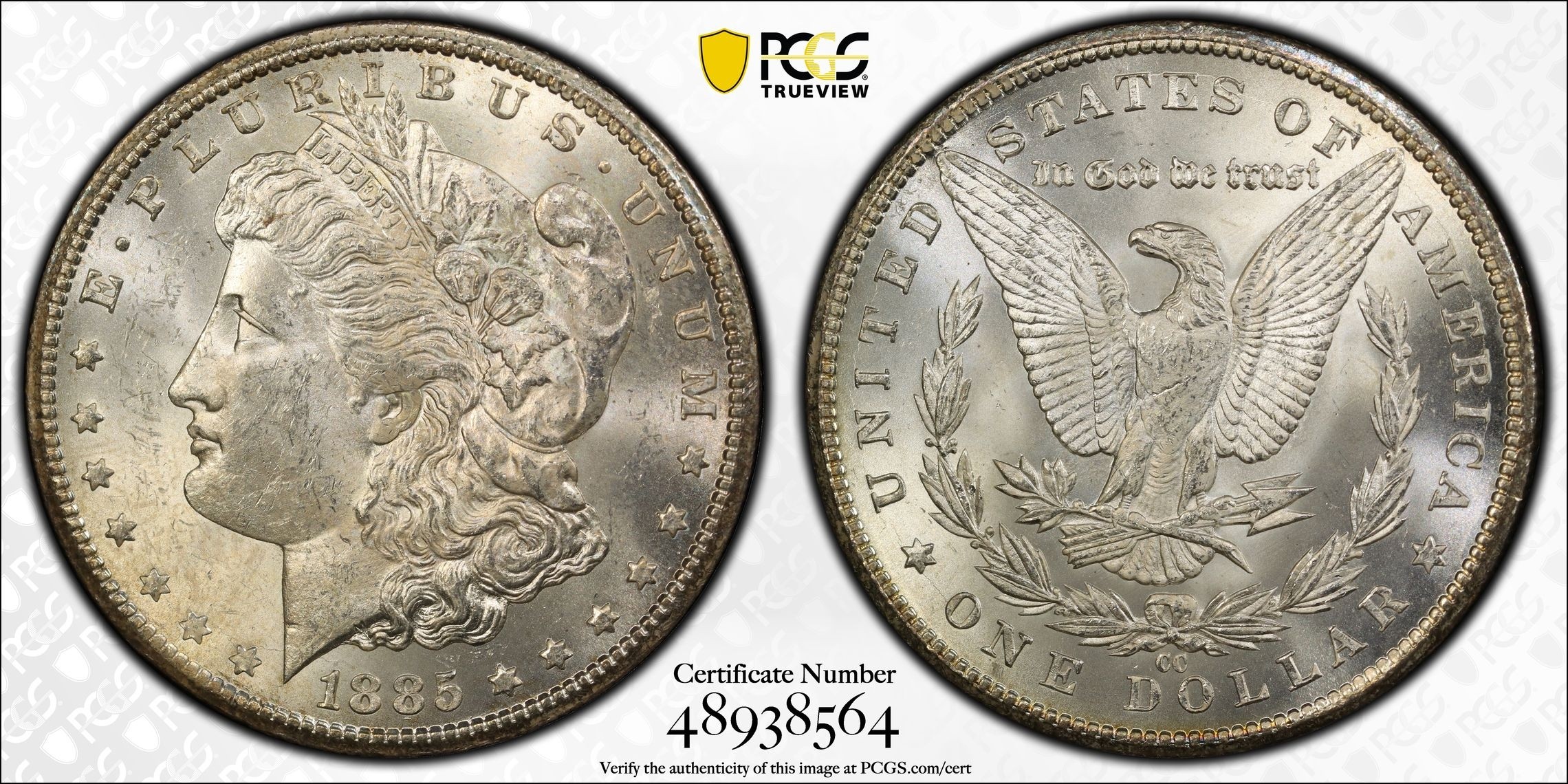 1885 CC Carson City $1 Morgan Silver Dollar PCGS Secure Gold Shield MS63 Coin | Coin Exchange NY