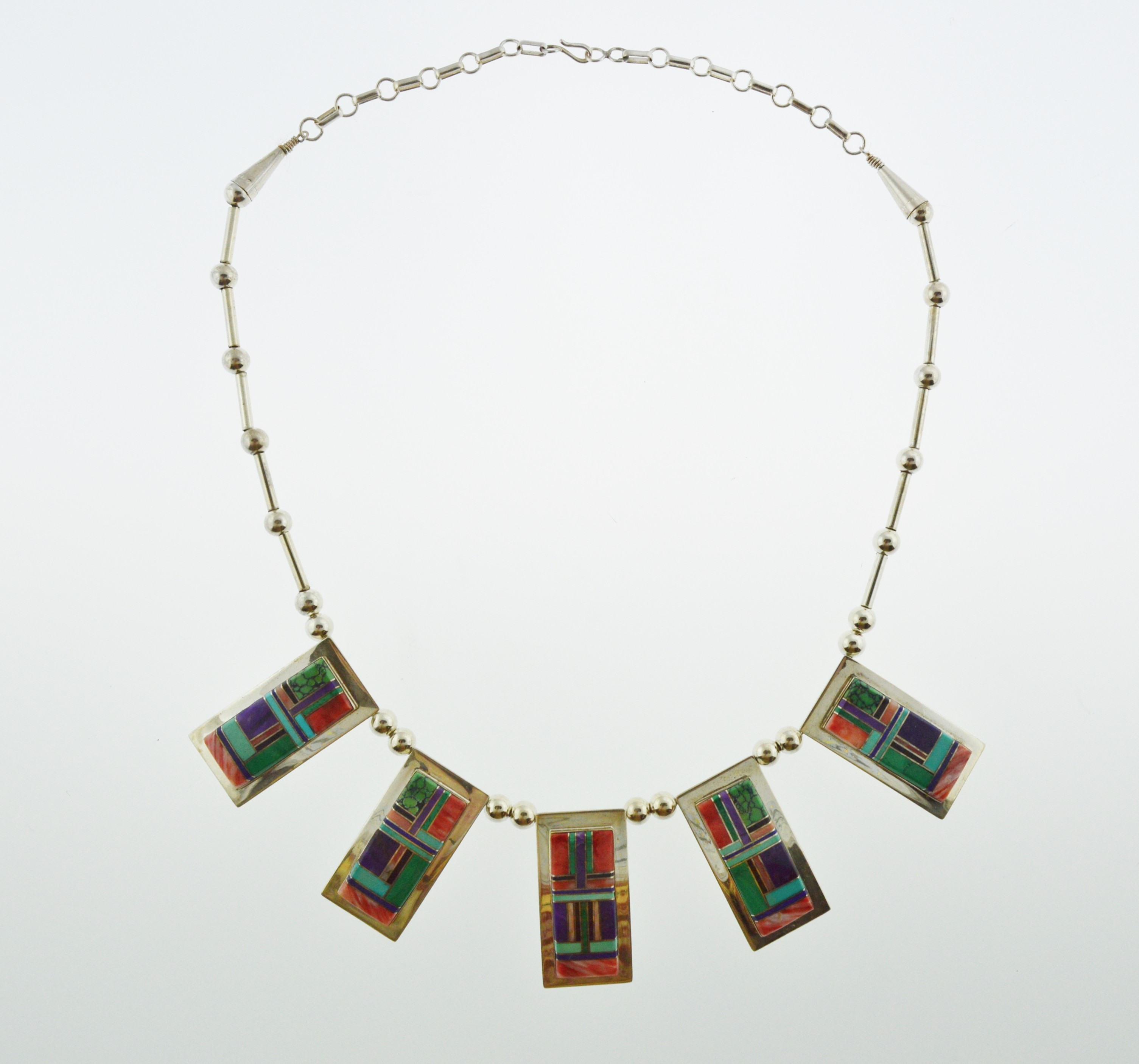 Native American Navajo Teme Sterling Silver Multistone Inlay Necklace ...
