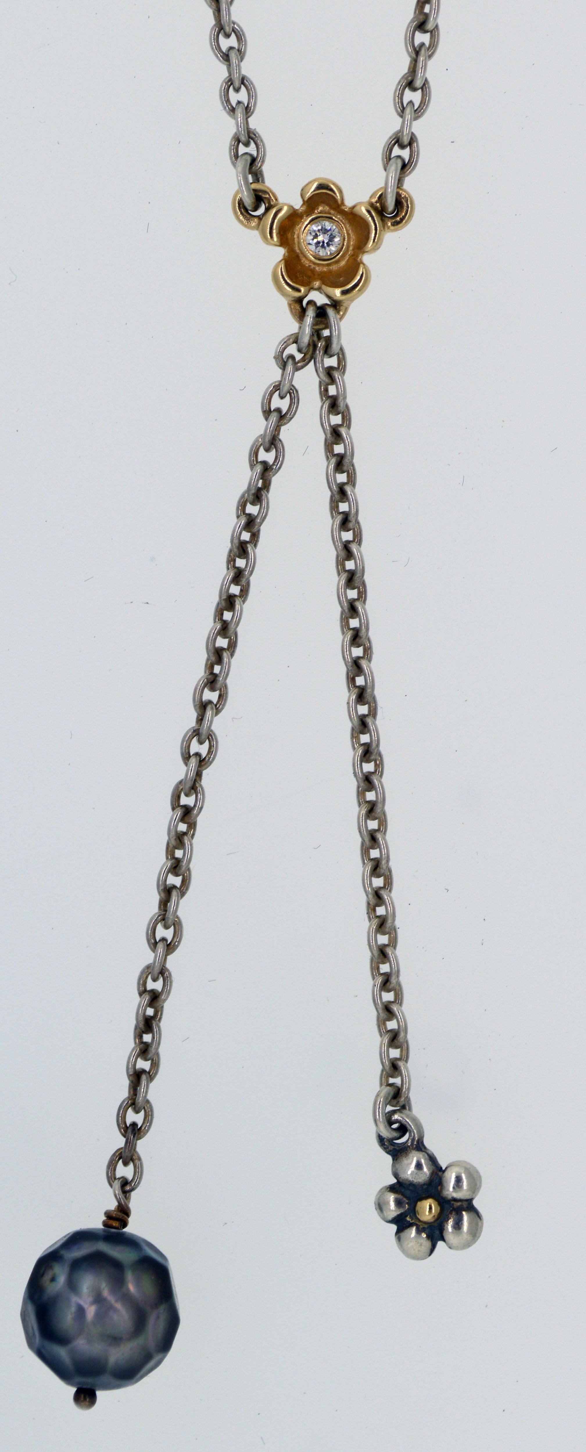 Pandora 14k Gold Sterling Silver Diamond Pearl Flower Charm Y Necklace ...