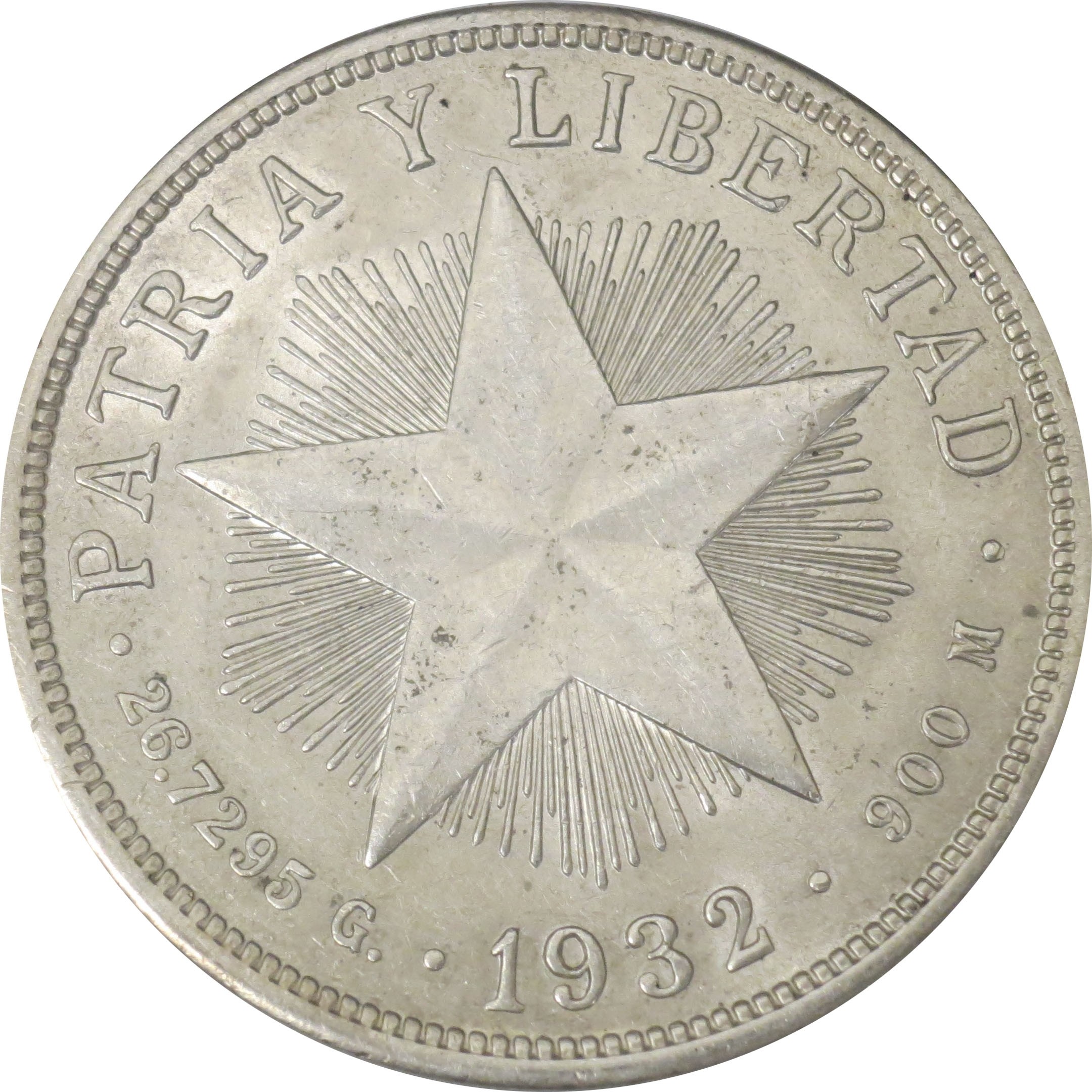 1932 Republic Cuba Un Star Peso Silver Coin About Uncirculated Reverse ...